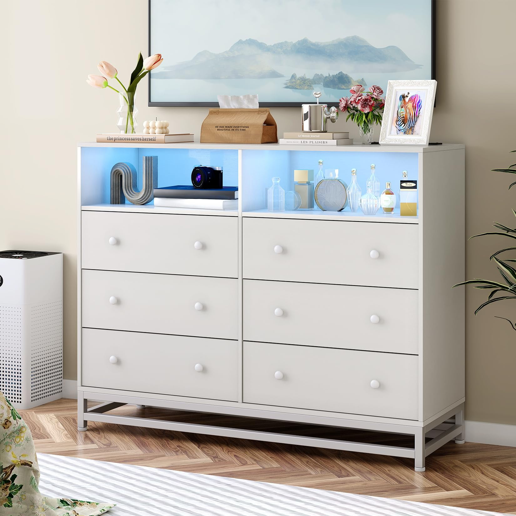 6 Drawer Double Dresser TV Stand, Bedroom Dresser with Power Outlet ...