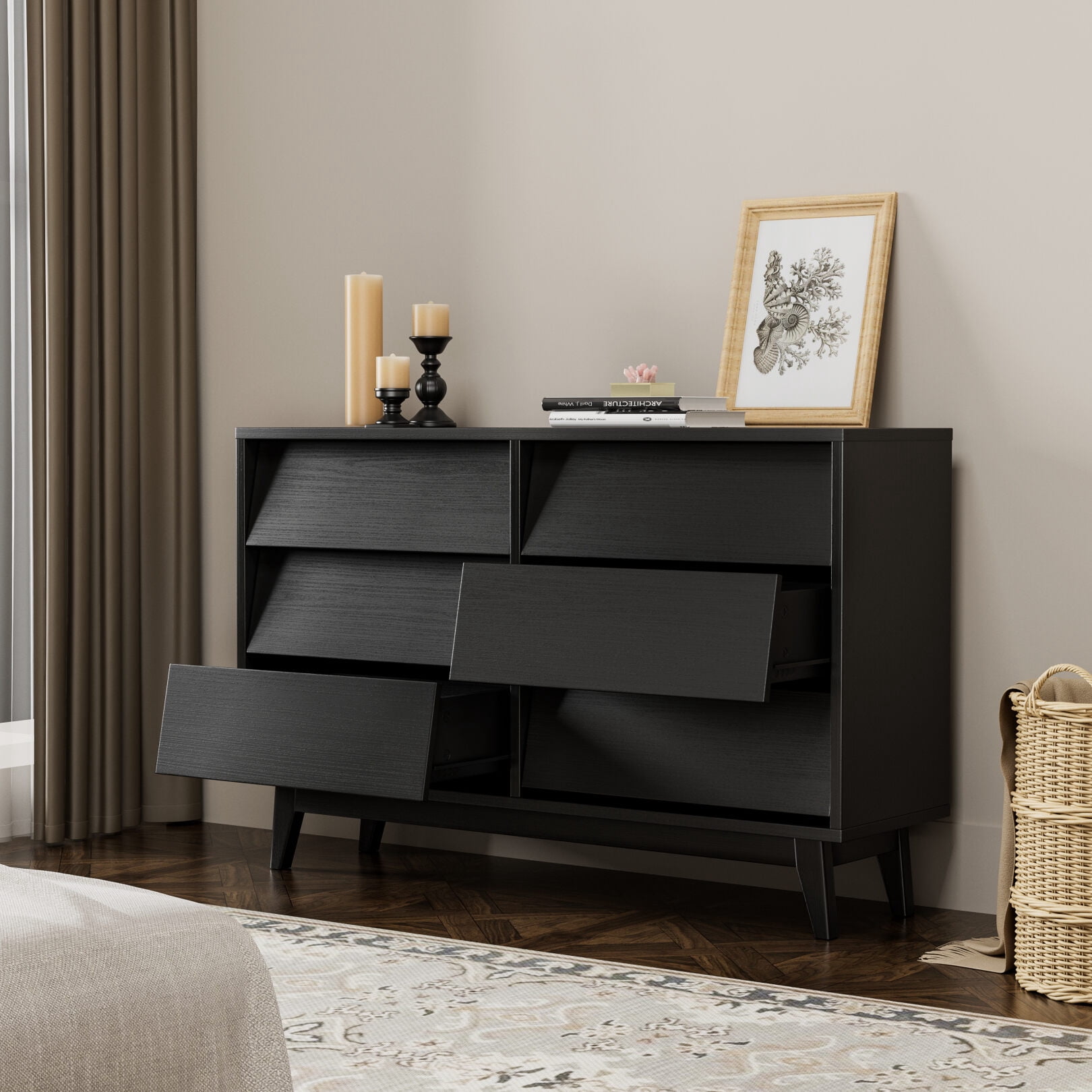 6 Drawer Double Dresser, Vintage Side Table with Bevel Design, 4 Wooden ...