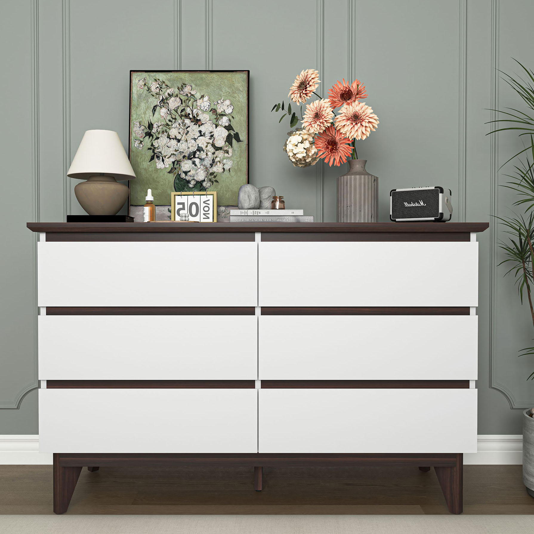 CQSXDA Wide-Sized Drawer Storage Cabinet in White and Walnut, 6-Drawer ...