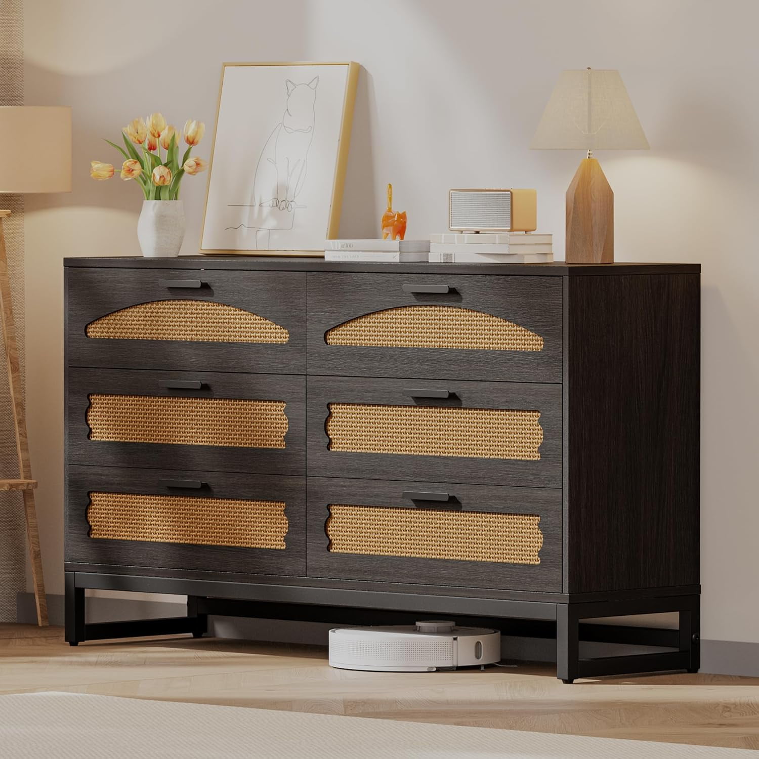 6 Drawer Double Dresser for , Rattan Chest of Drawers, Modern Wooden ...
