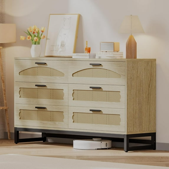 6 Drawer Double Dresser for , Rattan Chest of Drawers, Modern Wooden ...