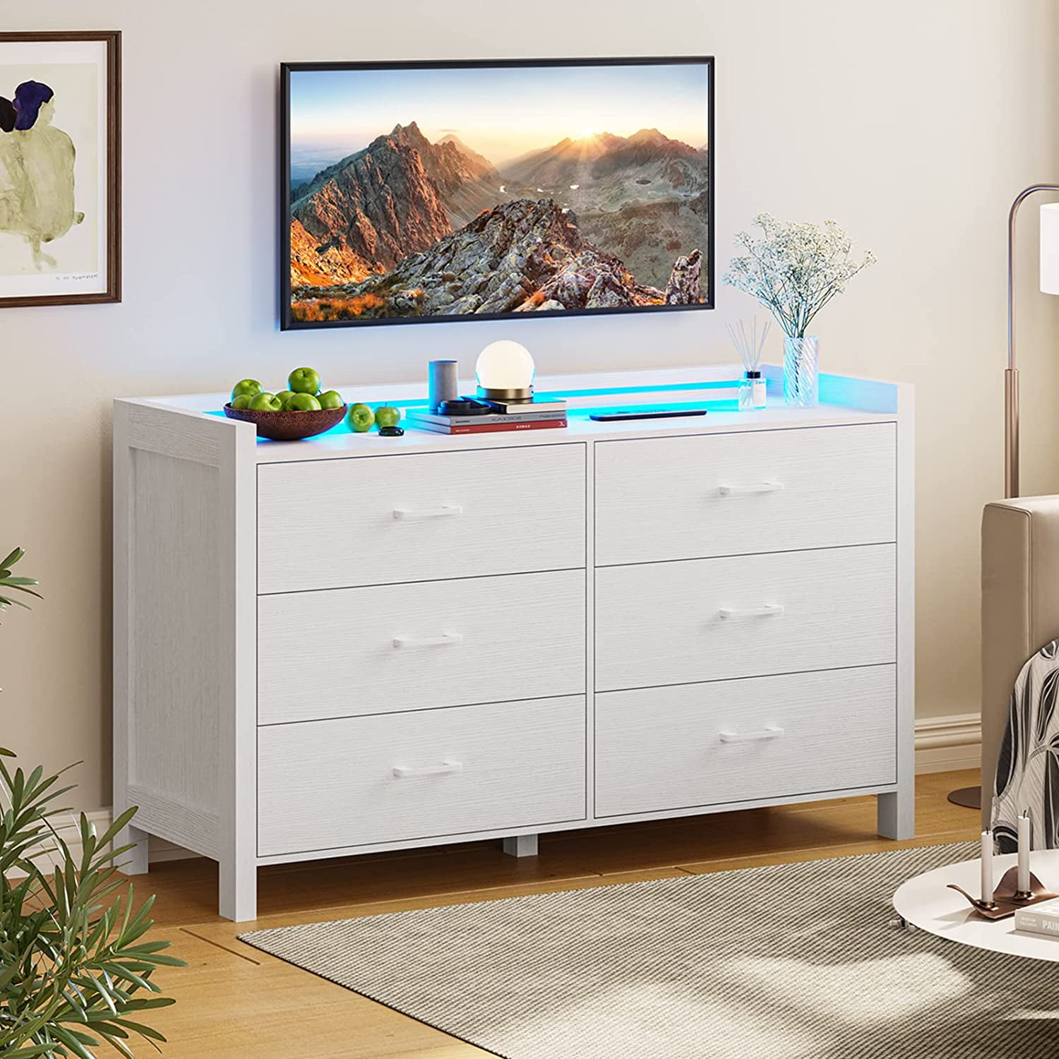 6 Drawer Double Dresser with LED Lights for Bedroom, Modern Chest of ...