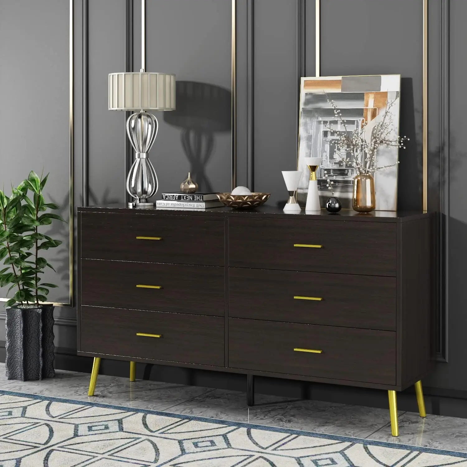 6 Drawer Double Dresser with Modern Faces, Wood Dresser Chest with 3 ...