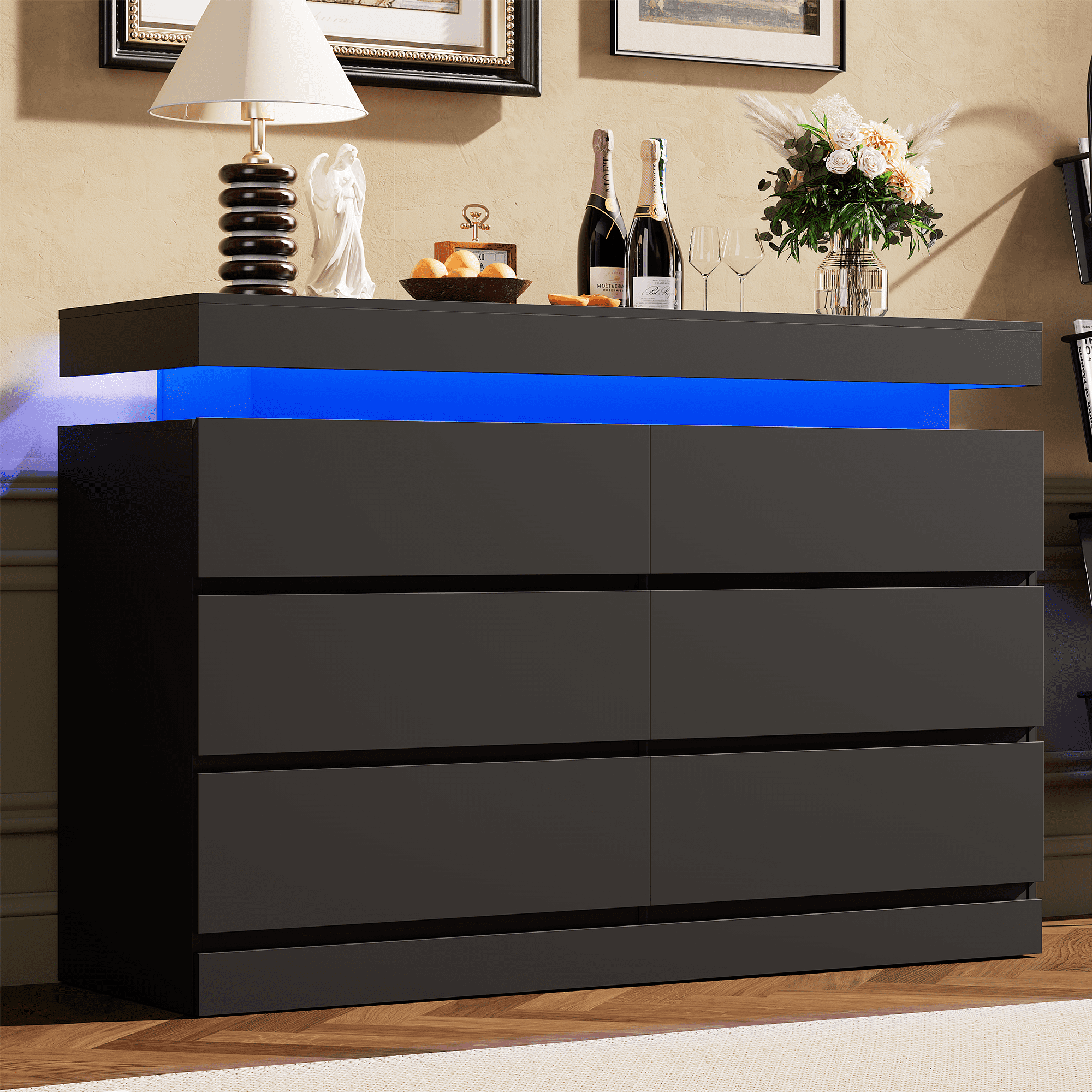 6 Drawer Dresser 47 Inch Wide with LED Lights & Charging Station for ...