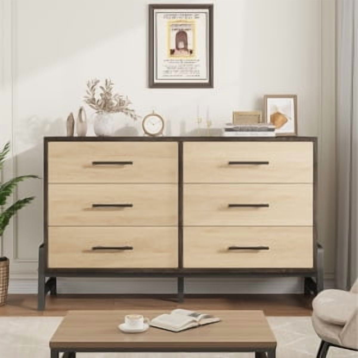 6-Drawer Dresser - 52" Wide MDF & PB Board Chest with R-Shaped Legs, Spacious Wood Grain Storage ...