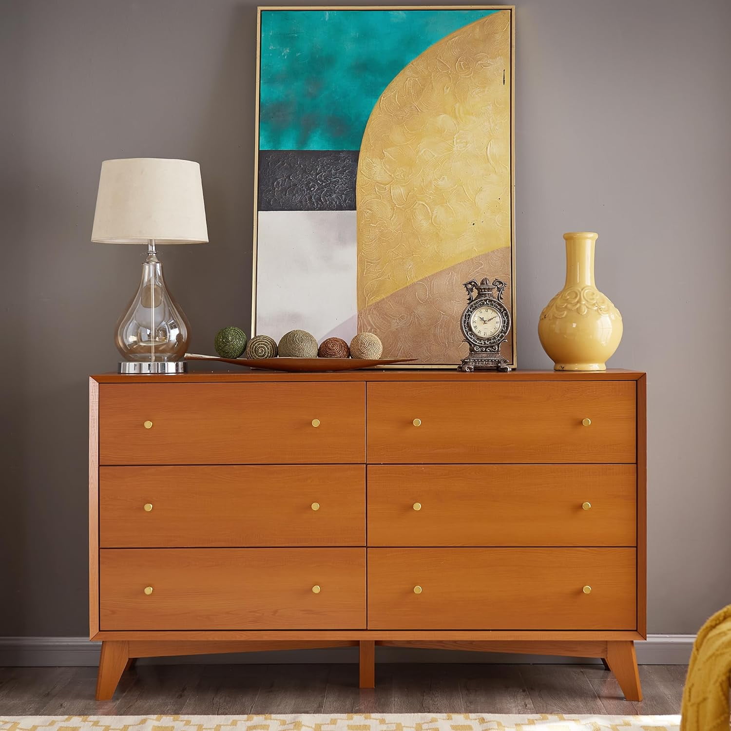 6 Drawer Dresser 54" Wide Mid Century Modern Chest of Drawers Beveled ...
