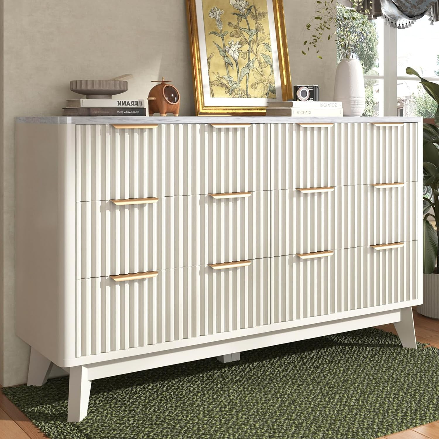 6 Drawer Dresser, 54" Wide Chest of Drawers, Fluted Drawer Design ...
