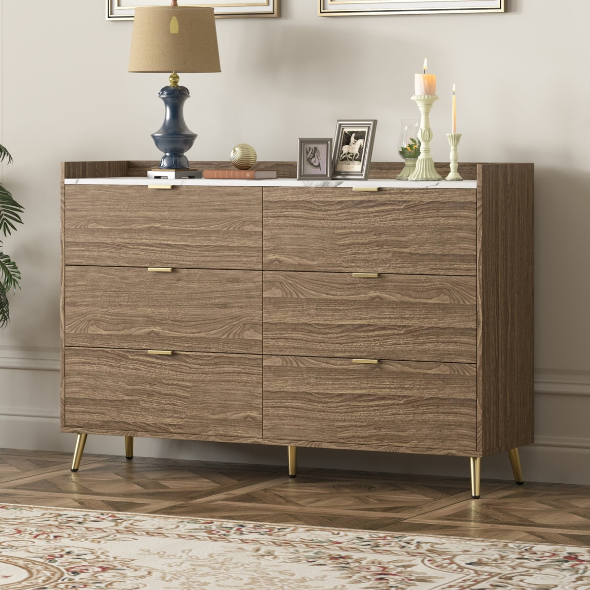 6 Drawer Dresser for Bedroom, 55" Nightstand with Marbling Worktop ...