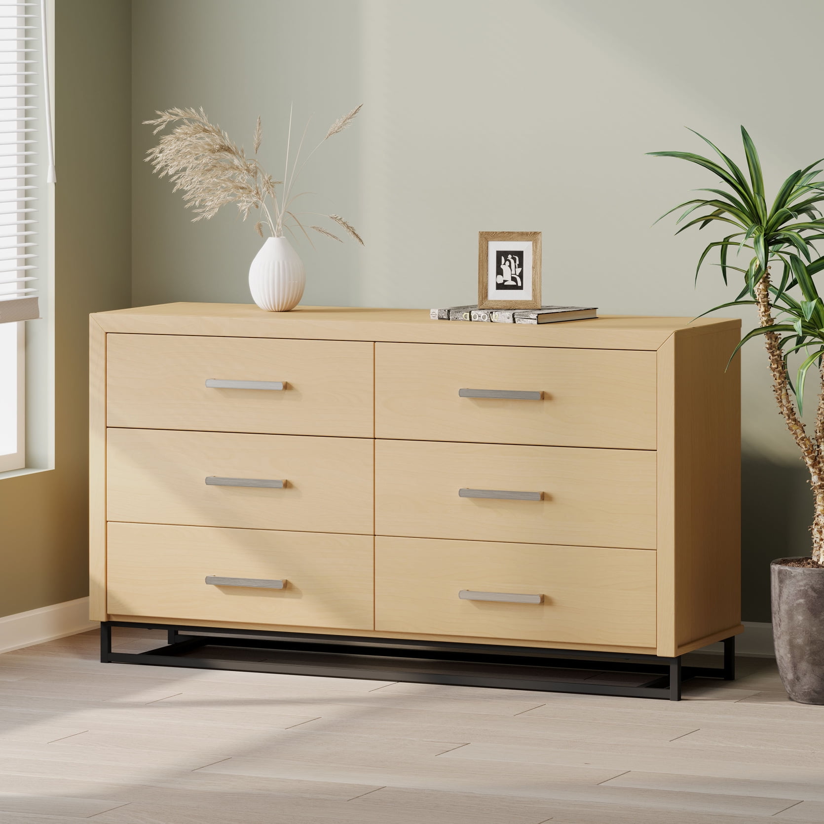 6 Drawer Dresser for Bedroom, 56'' Wide Wood Chest of Drawer with Metal ...
