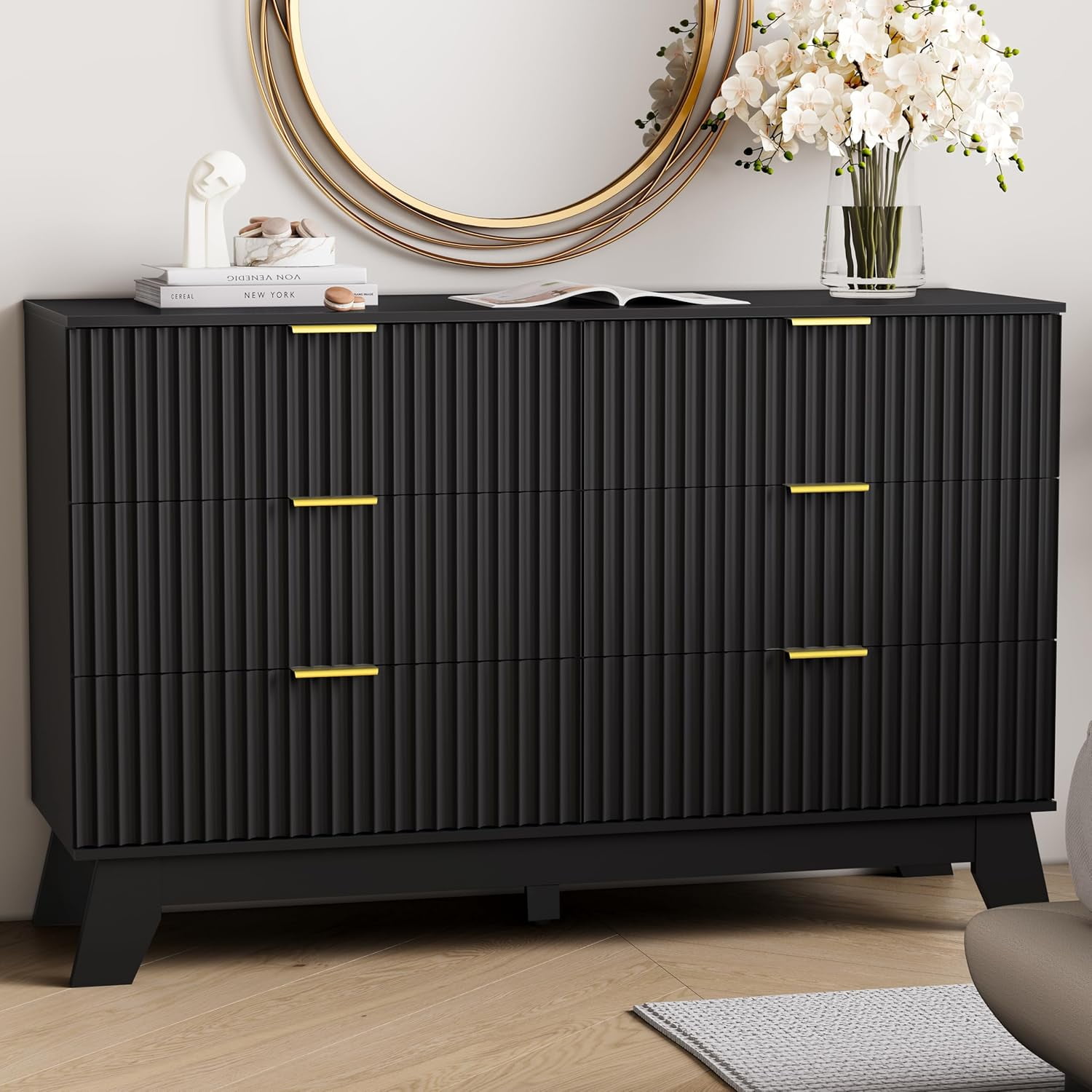 6 Drawer Dresser for Bedroom Black Fluted Dresser Chest of Drawers with ...