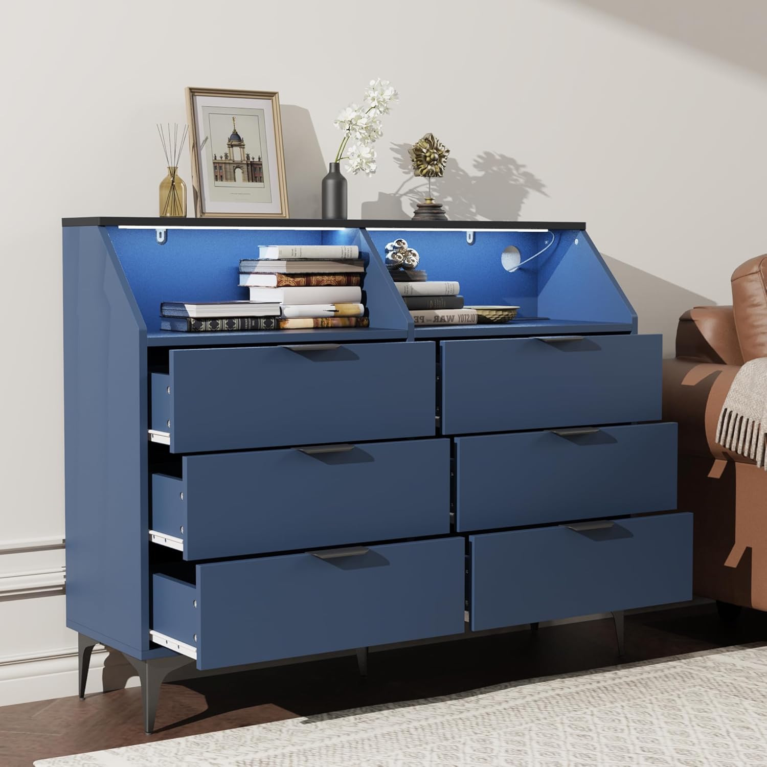 6 Drawer Dresser for Bedroom with Charging Station and LED Lights ...