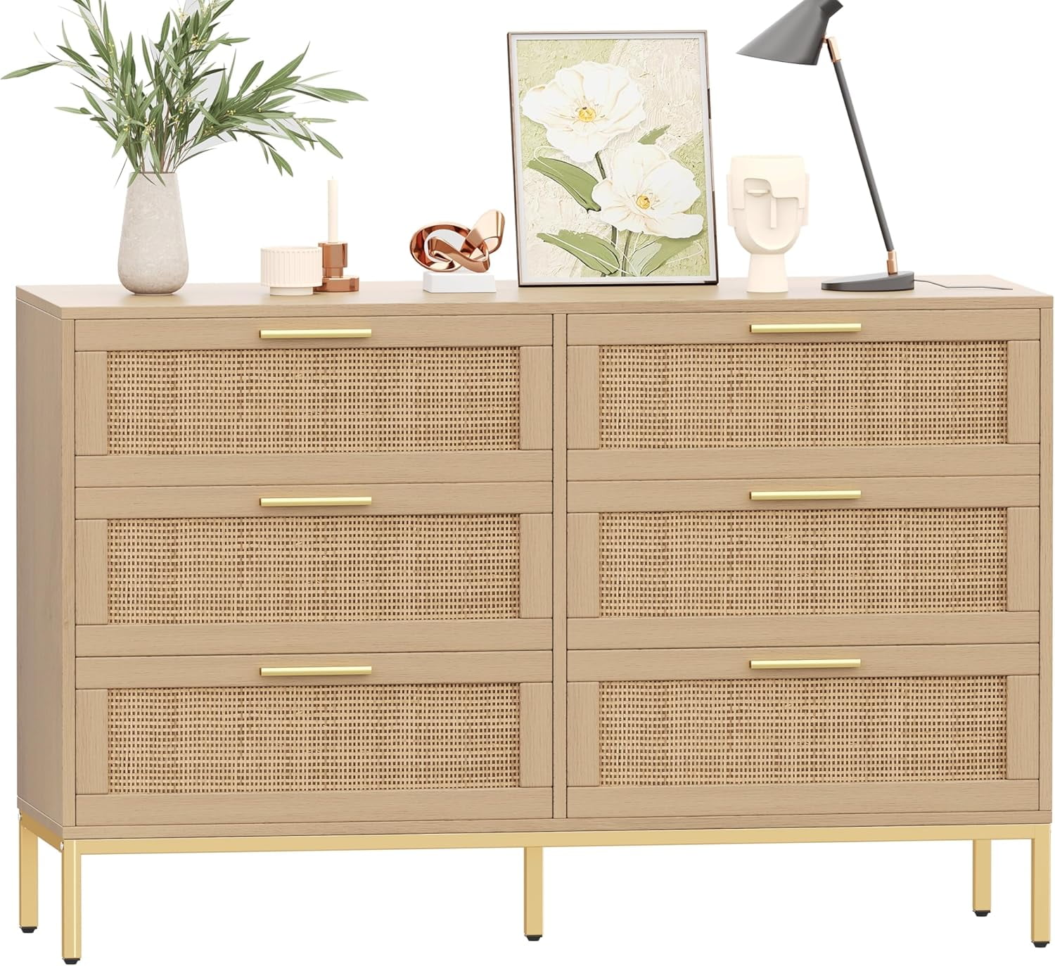 6 Drawer Dresser for Bedroom, Chest of Drawers with Gold Handles and ...