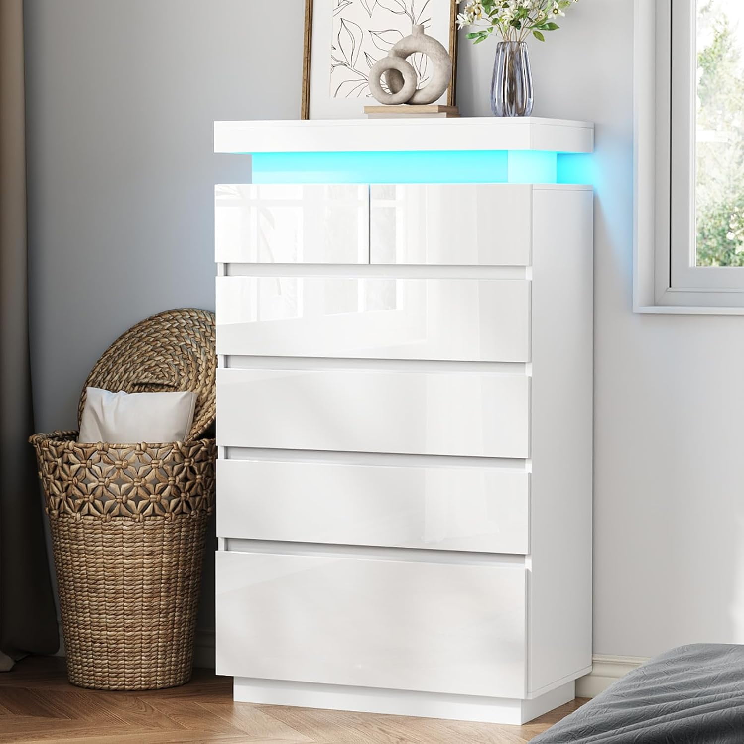 6 Drawer Dresser for Bedroom with LED Lights, White Modern High Gloss ...