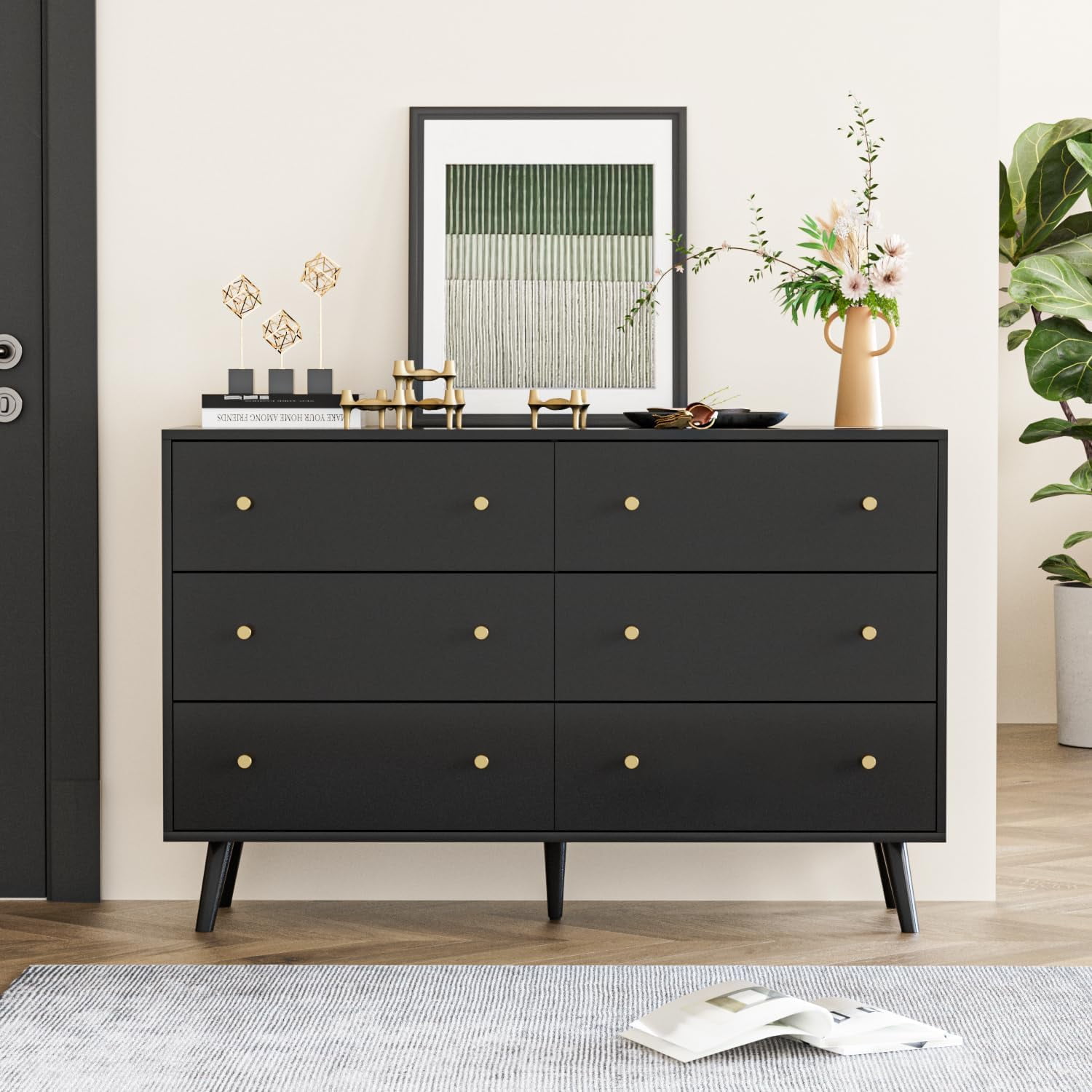 6 Drawer Dresser for Bedroom Modern Black Dresser with Gold Handle and ...