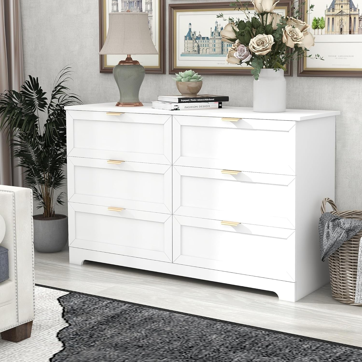 6 Drawer Dresser for Bedroom, Modern Long Dresser Chest with Large ...