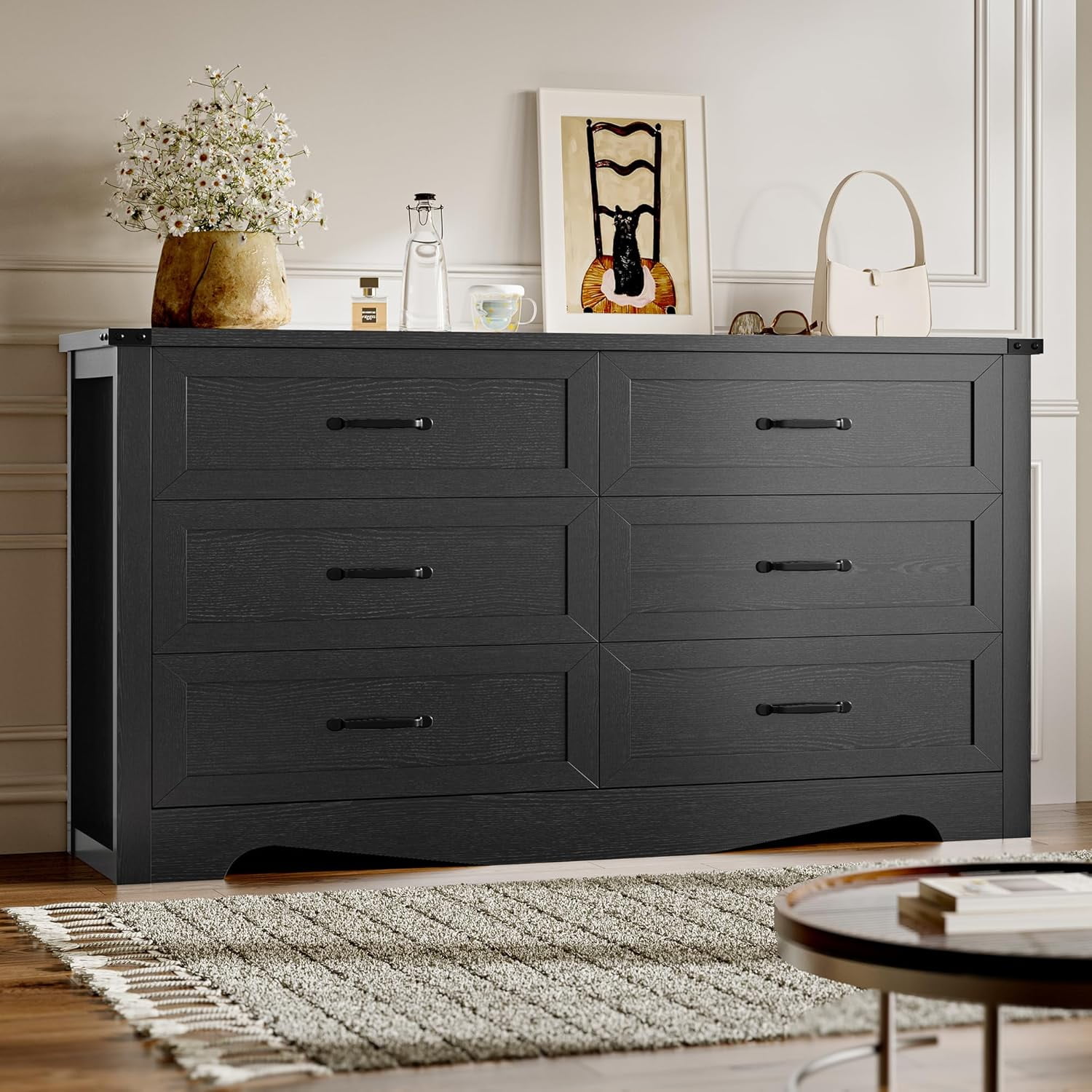 6-Drawer Dresser for Bedroom, Modern Wooden Chest of Drawers with Metal ...