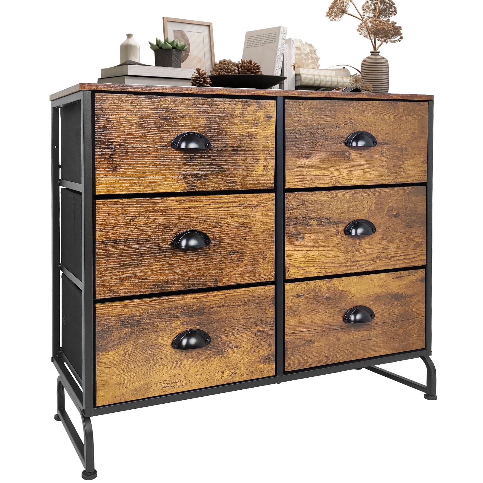 6 Drawer Dresser for Bedroom, Rustic Wood Dresser with Wood Top & Front ...