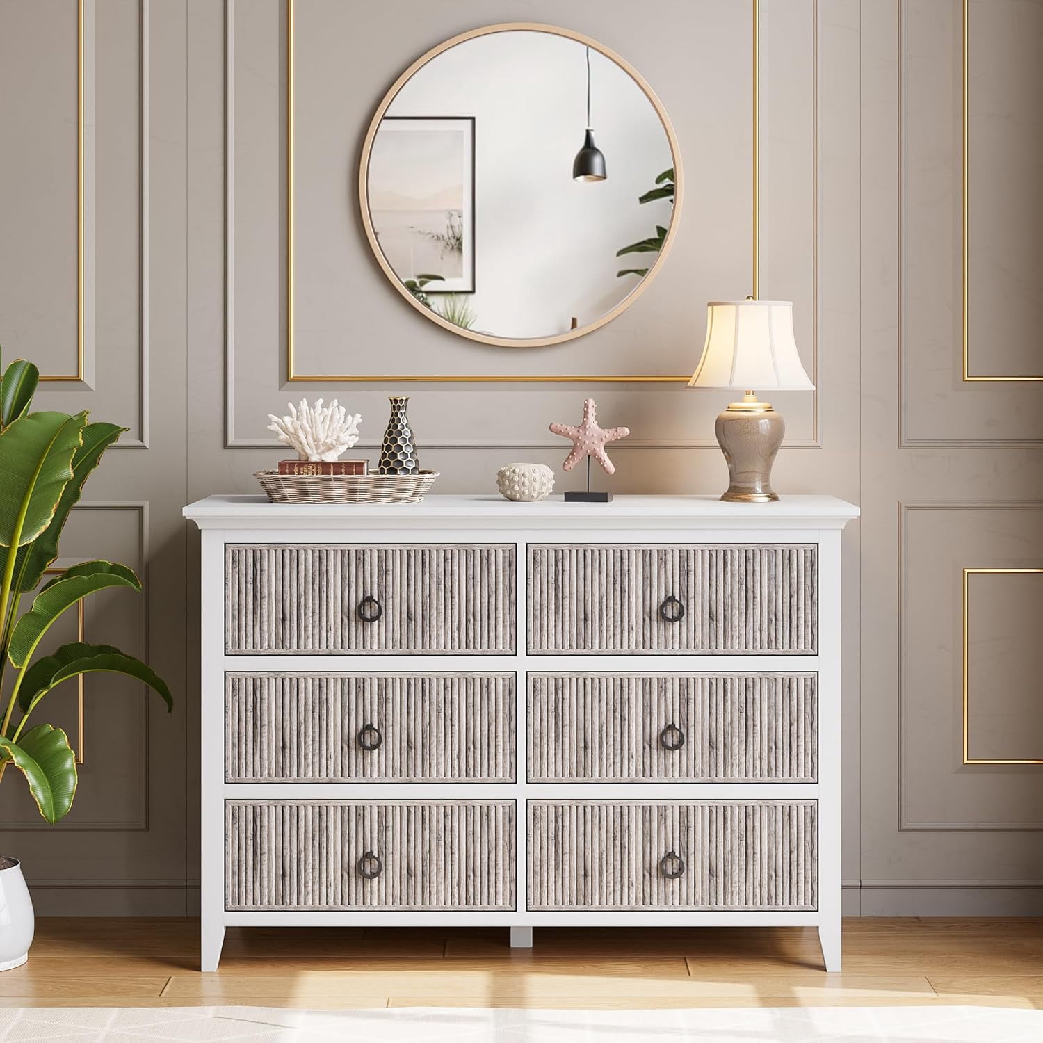 6 Drawer Dresser for Bedroom, Waveform Fluted Chest with Large Drawer ...