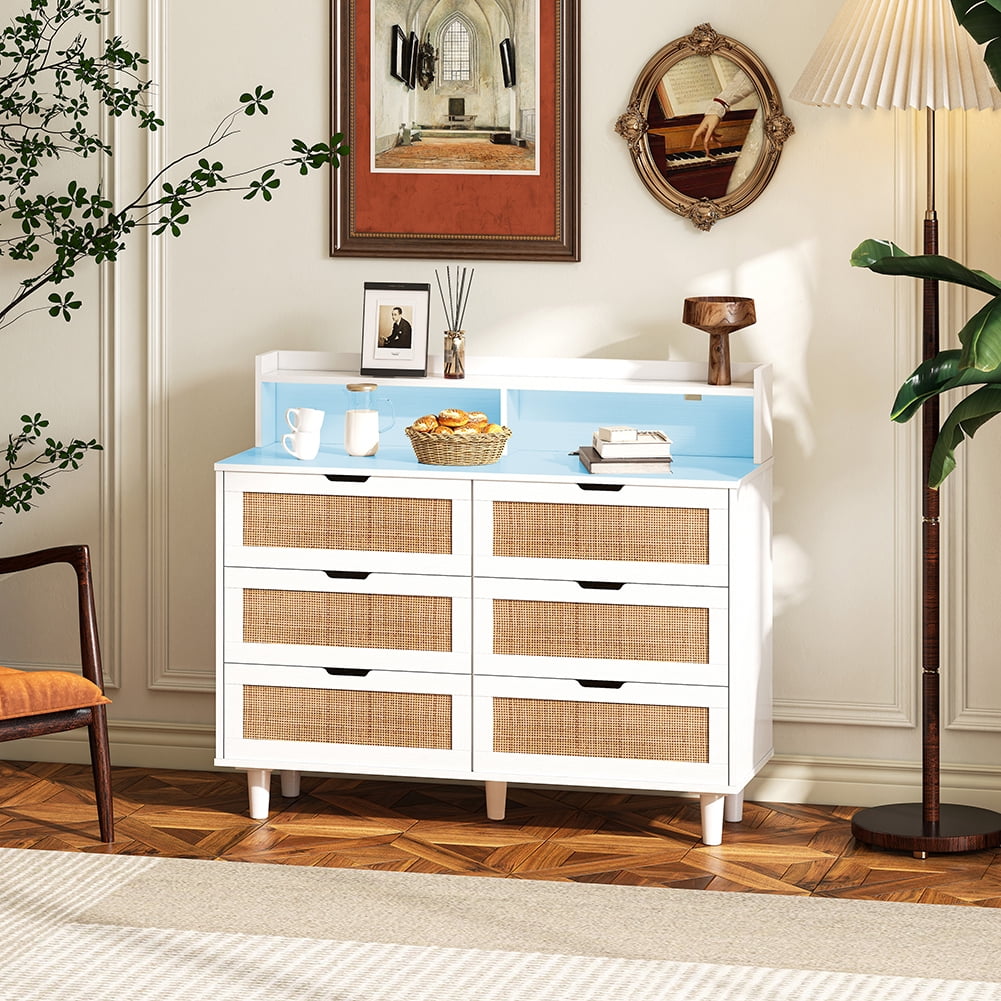 6 Drawer Dresser with Charging Station 43.31 Inch Storage Cabinet with ...