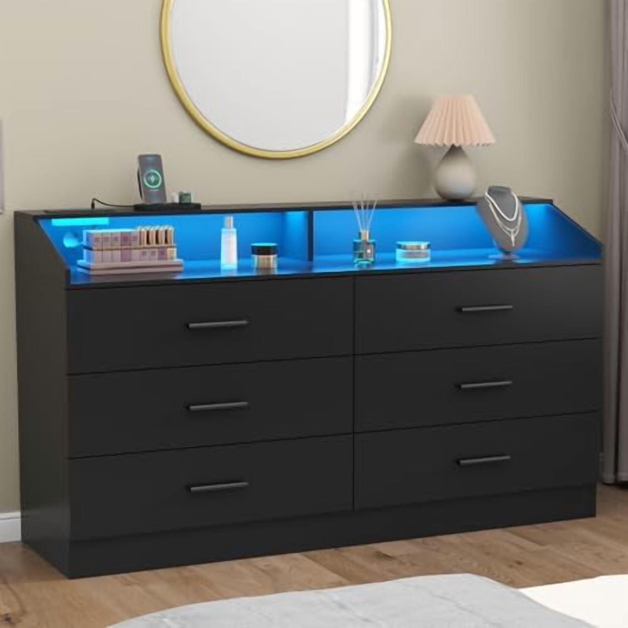 6 Drawer Dresser with Charging Station, Dresser for Bedroom with LED ...