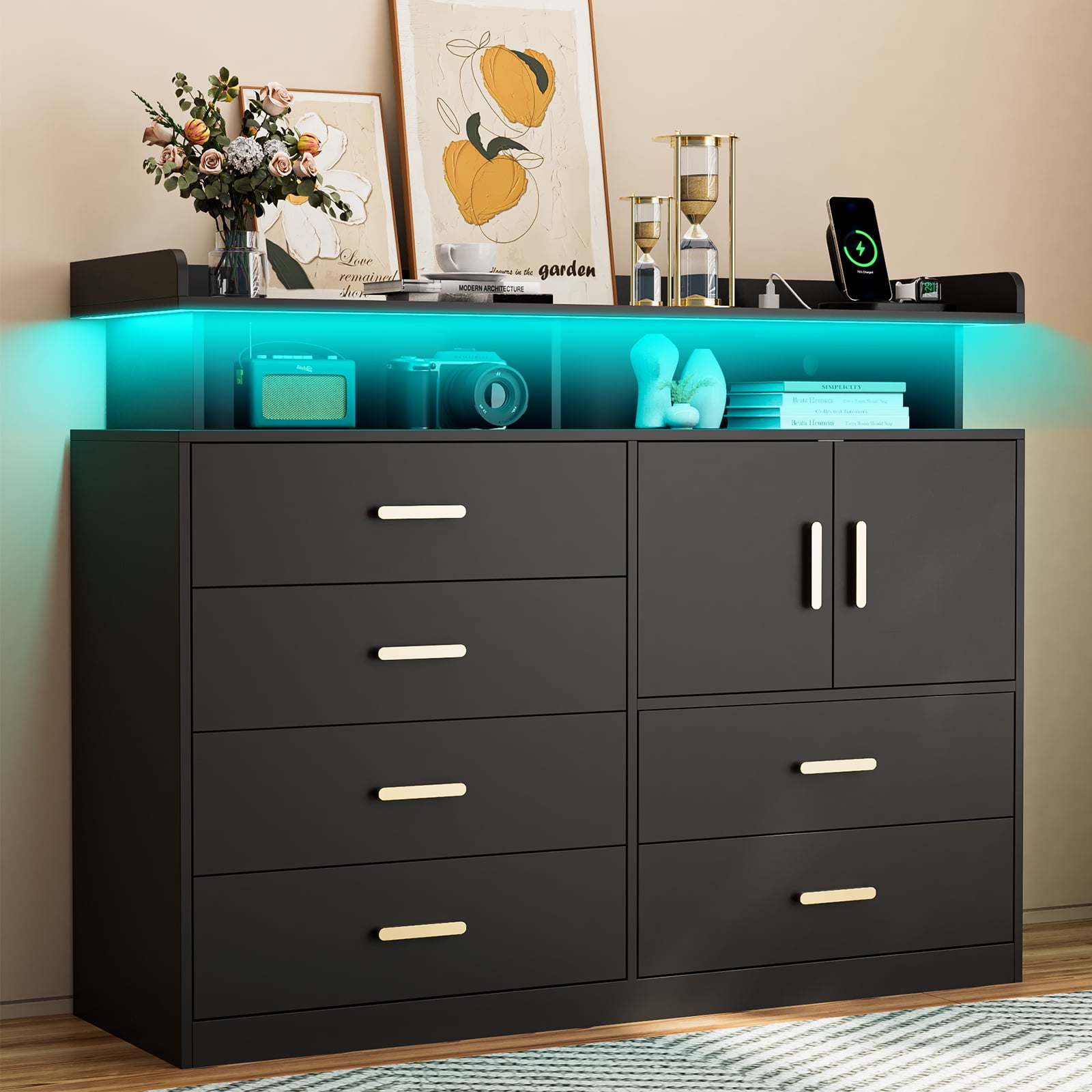 6 Drawer Dresser with Charging Station & Led Lights for Bedroom, Accent ...