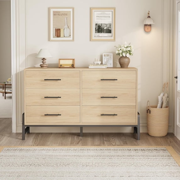 6 Drawer Dresser, Freestanding Wood Storage Chest with Metal Legs ...