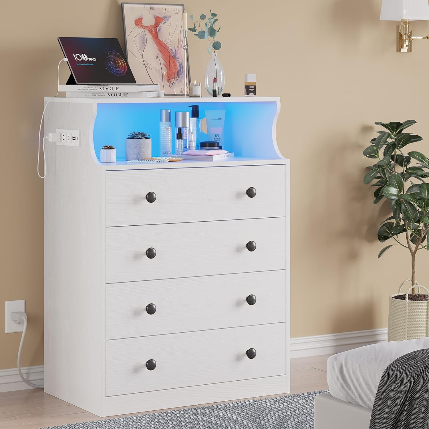 6 Drawer Dresser with LED Lights and Charging Station Wide Chest of 6 ...