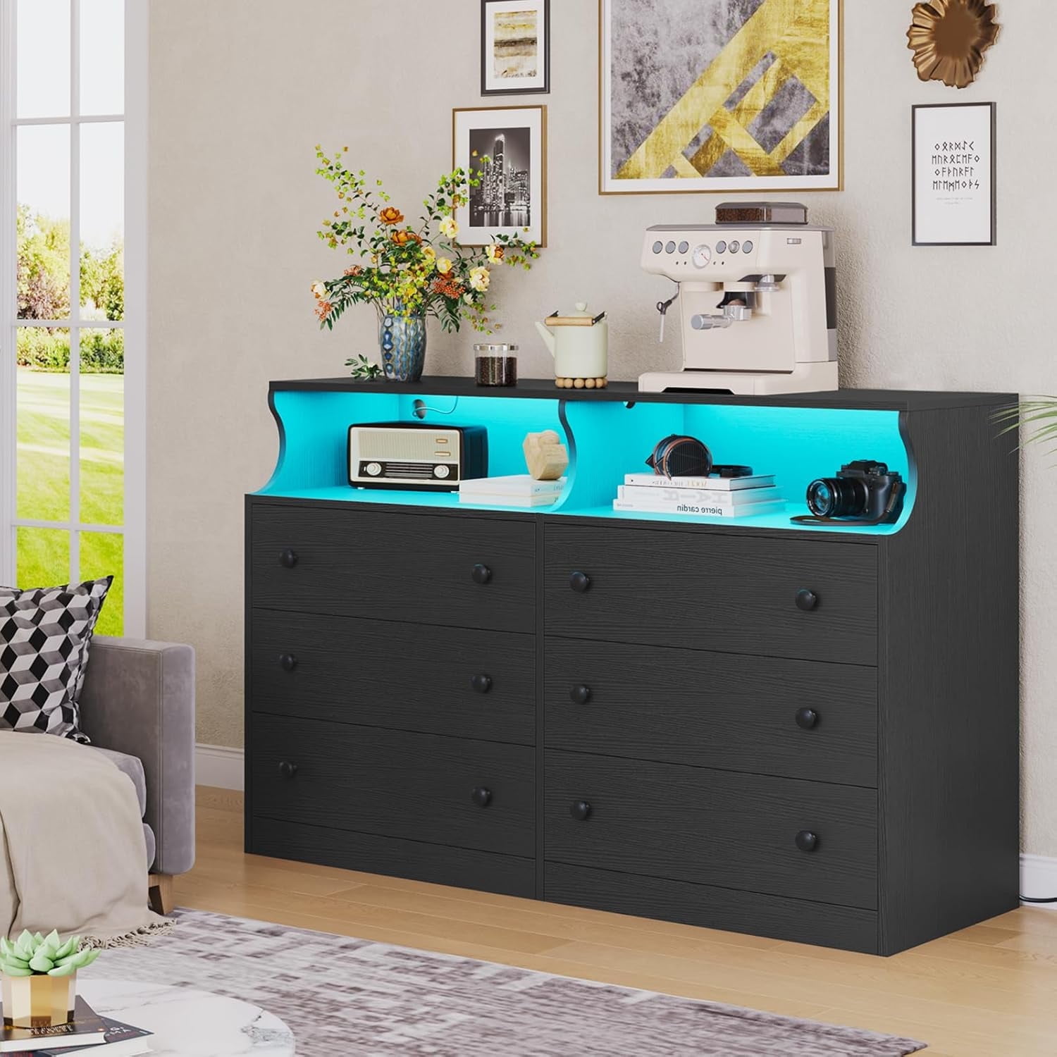 AOGLLATI 6-Drawer Dresser with LED Lights and Charging Station, Modern ...