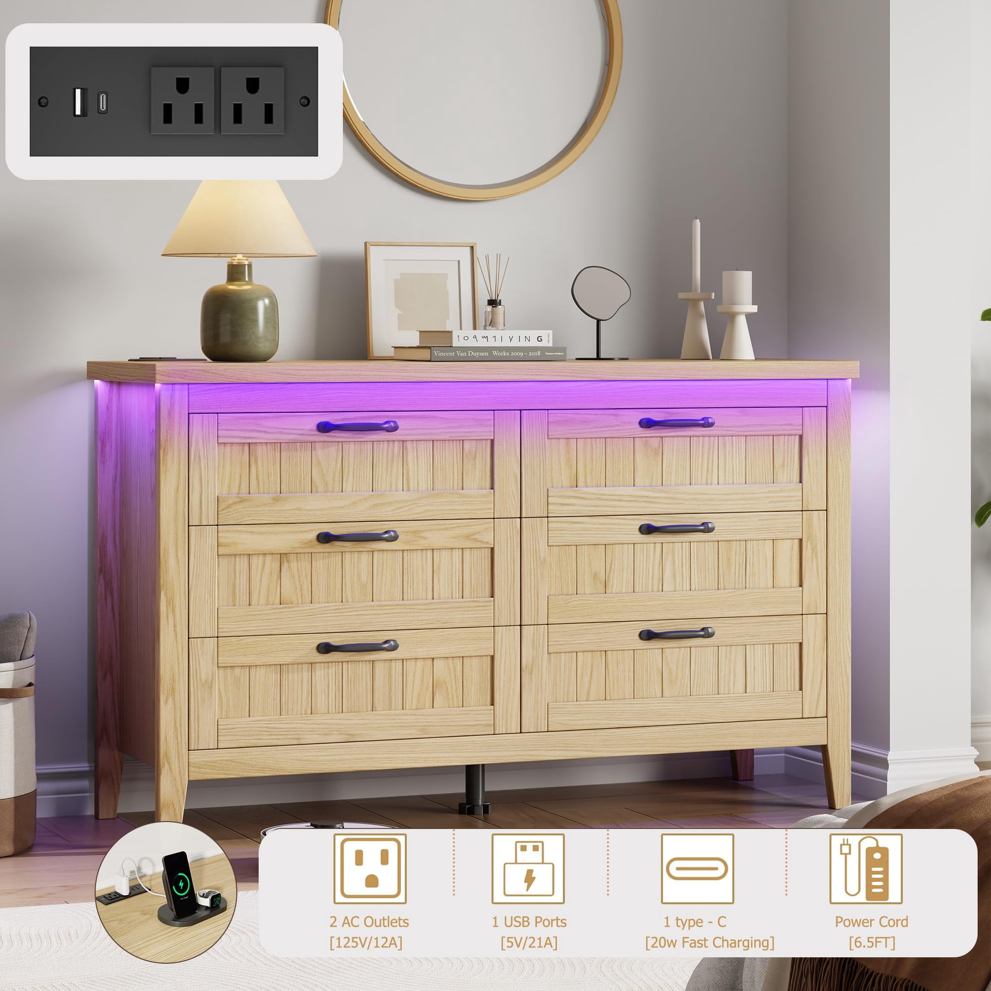 6 Drawer Dresser with LED Lights & Power Outlet - Modern Wide Wooden ...