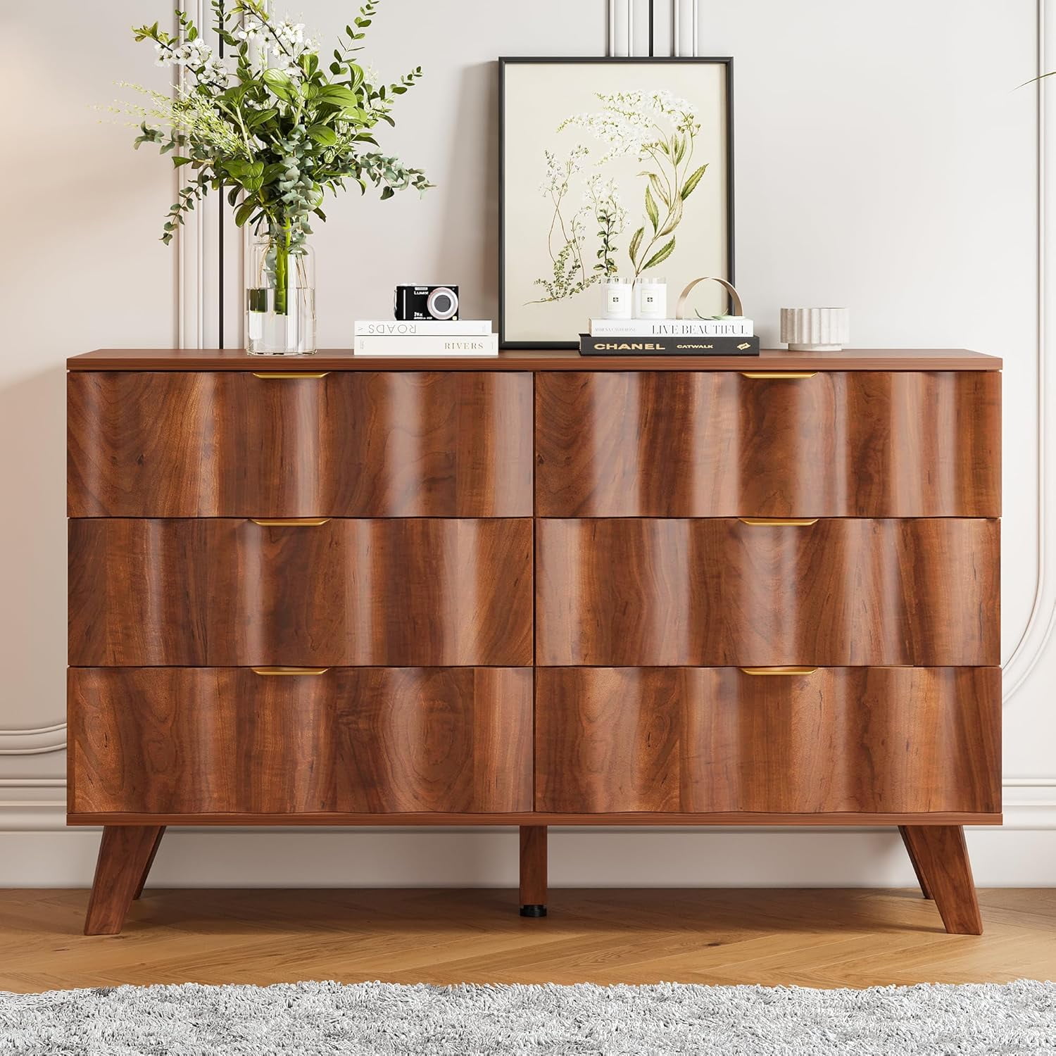 6 Drawer Dresser, Modern Fluted Chest of Drawers with Metal Handles, Wood Storage Drawer ...