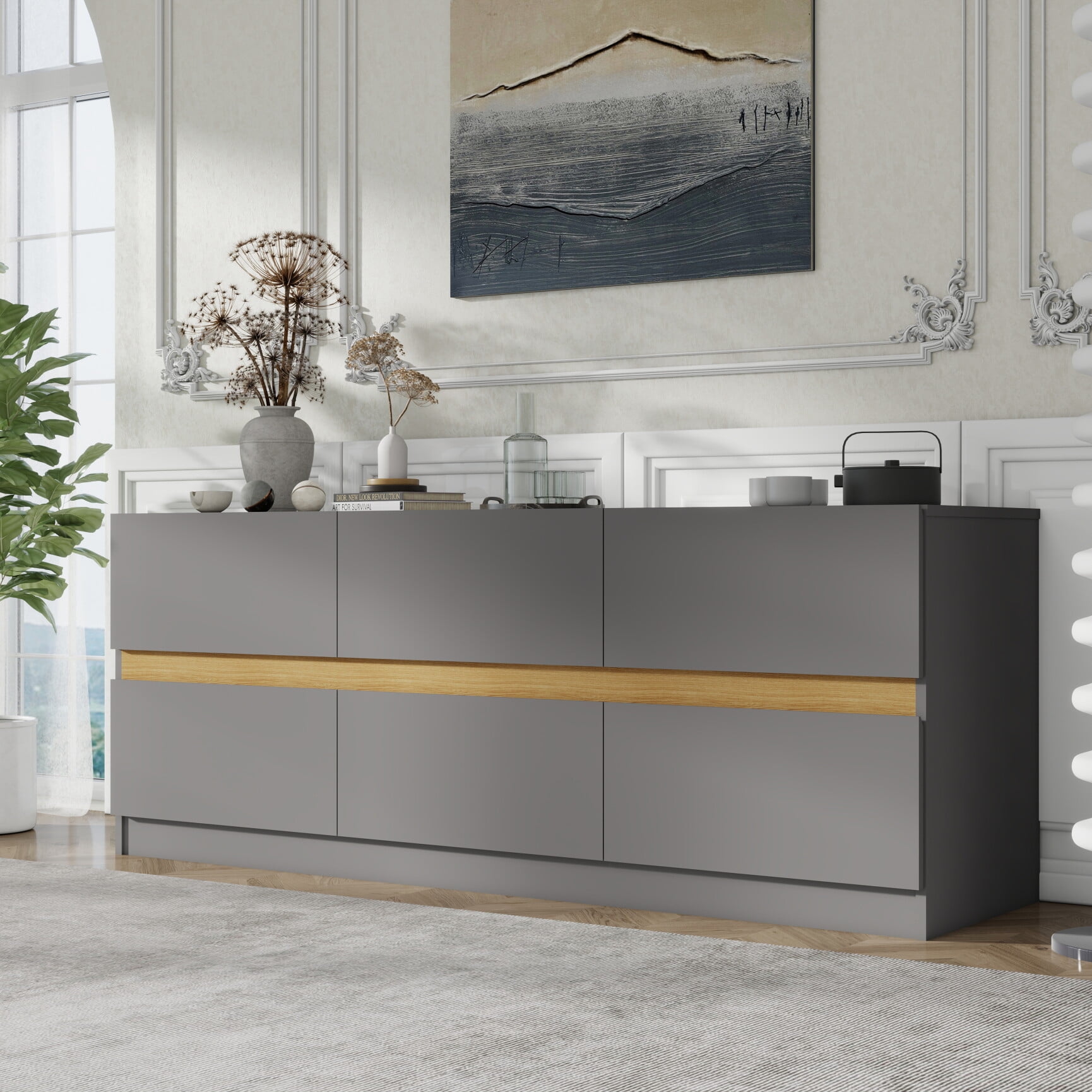 6 Drawer Dresser, Modern Long Dresser with Deep Drawers, Large Floor ...