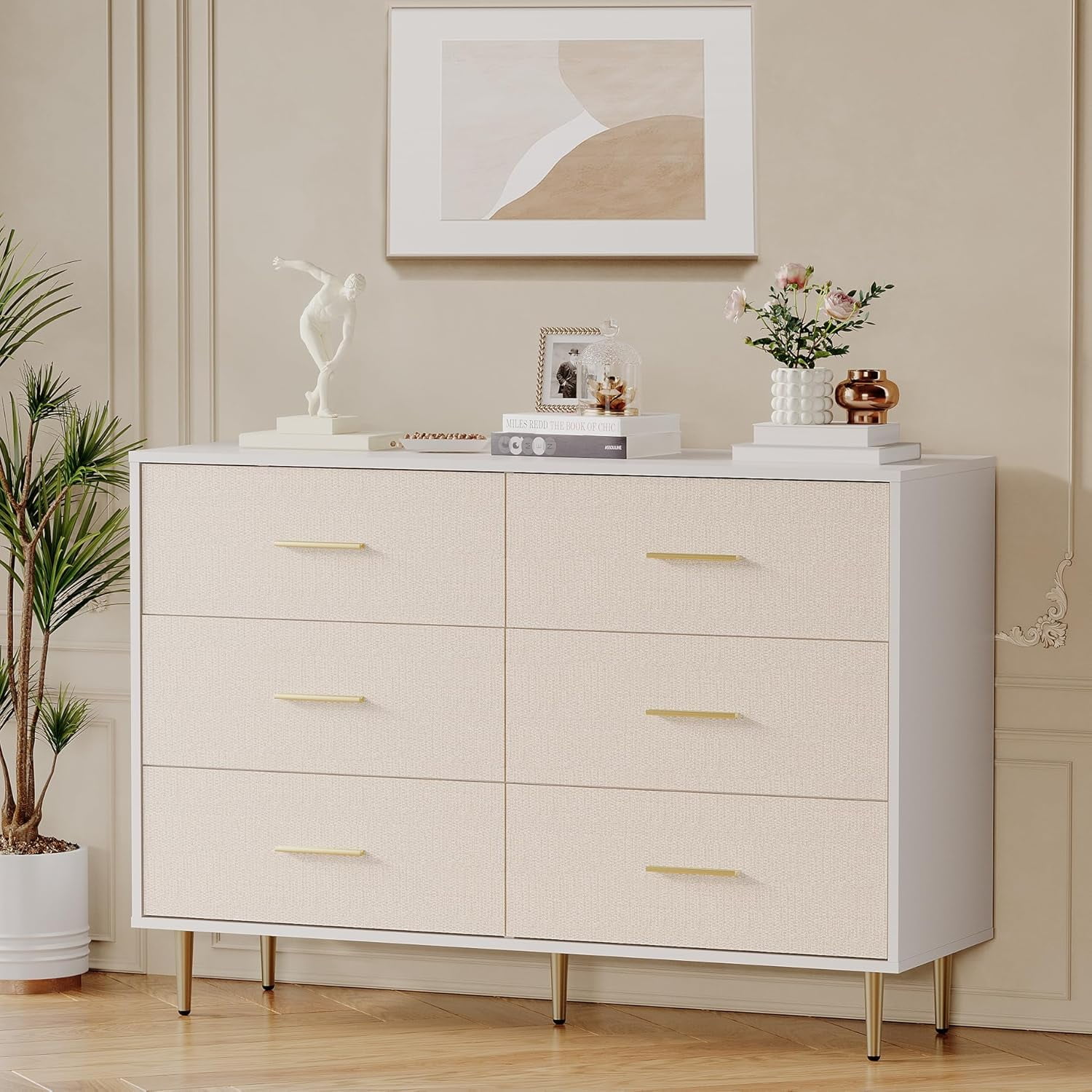 6 Drawer Dresser, Modern White Chest of Drawers with Gold Metal Legs ...