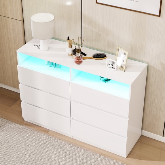 6-Drawer Dresser with Power Socket and LED Lights, Modern Storage Chest ...