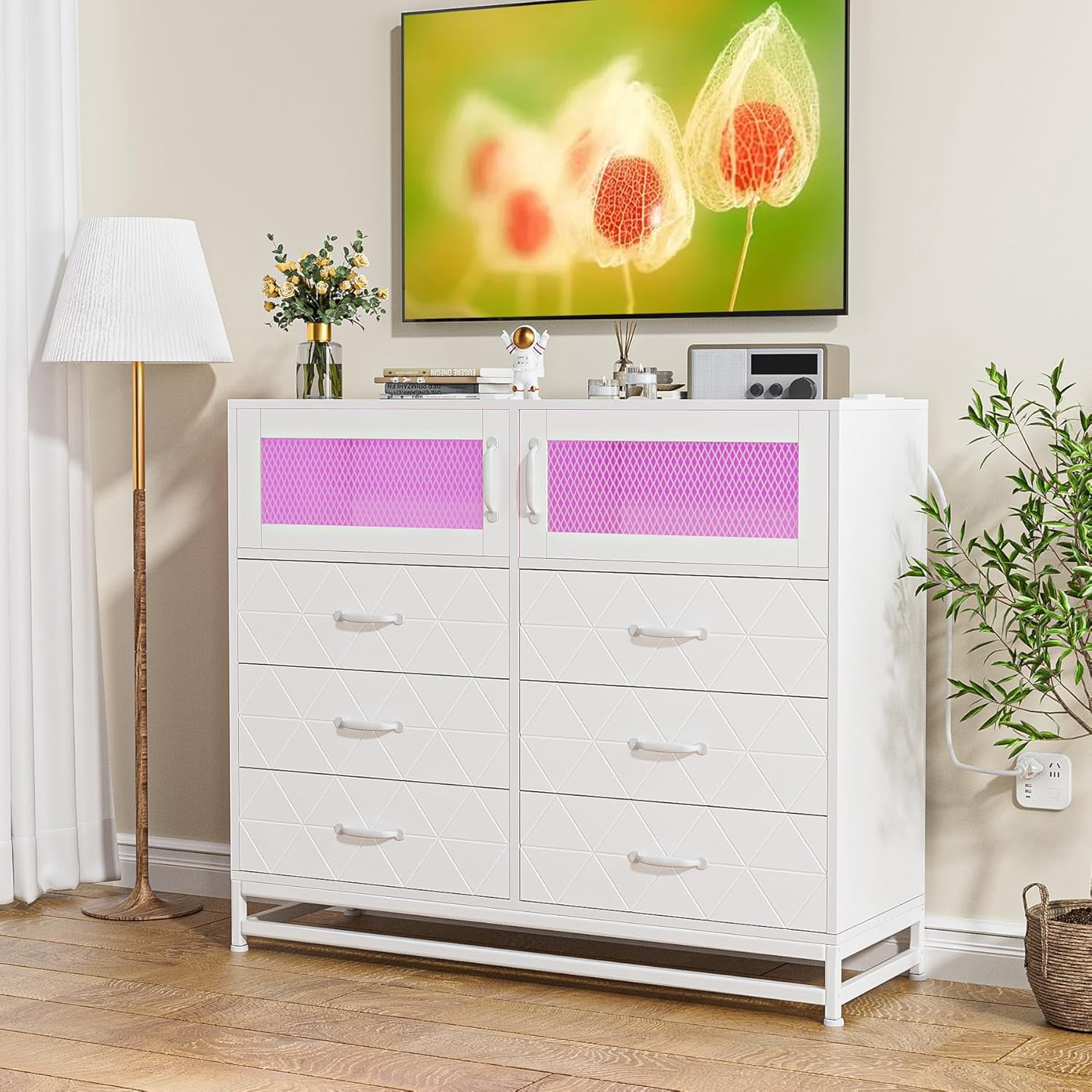 6-Drawer Dresser Storage Cabinet With 2 Wire Mesh Doors, Stylish ...