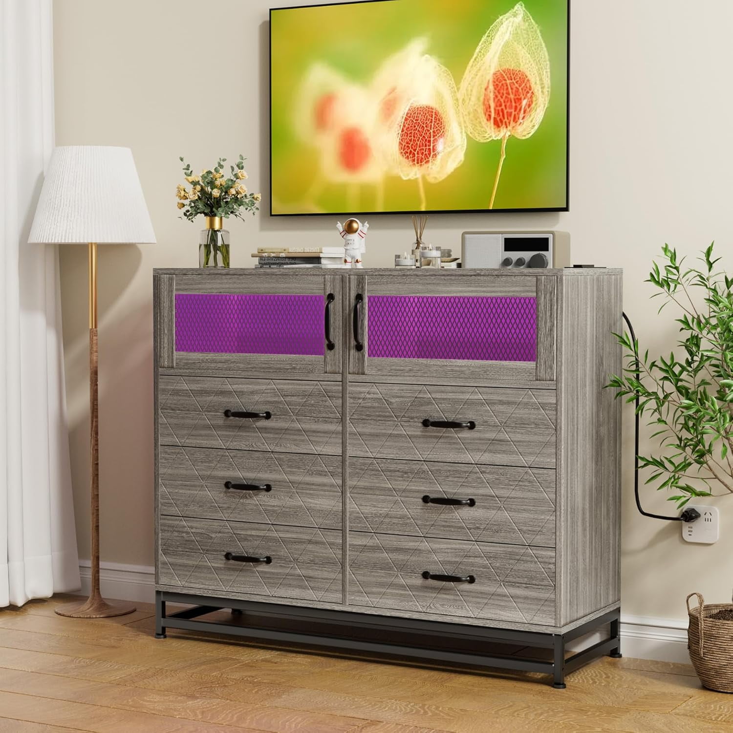 6-Drawer Dresser Storage Cabinet With 2 Wire Mesh Doors, Stylish ...