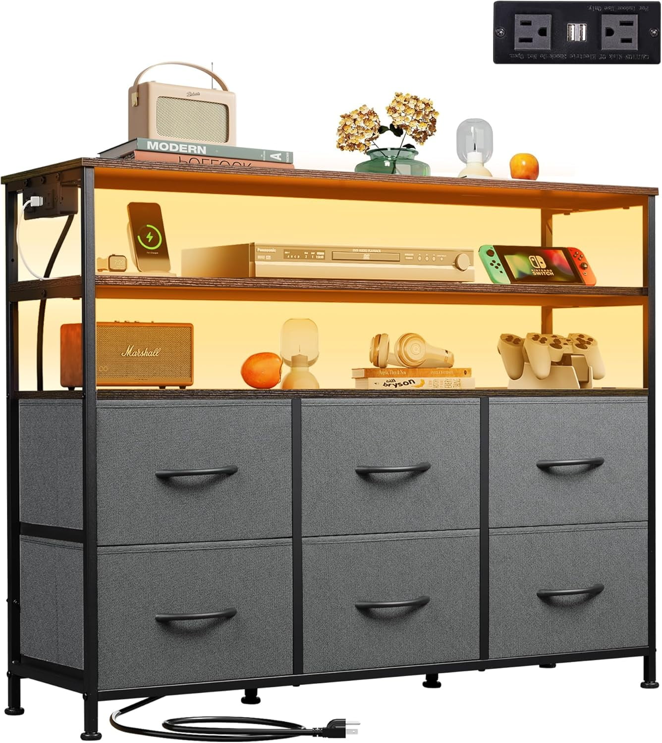 6 Drawer Dresser TV Stand for 45 Inch TV, Led Dresser for Bedroom with ...