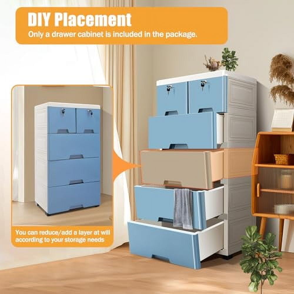 6 Drawer Dresser with Wheels and Lock, Plastic Dresser Storage Cabinet ...