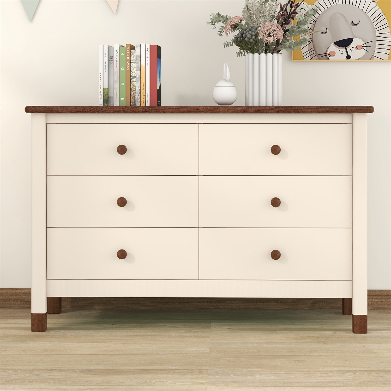 6-Drawer Dresser, Wooden Storage Cabinet with Round Handle, Functional ...