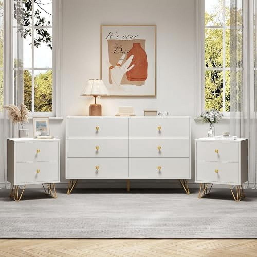 6 Drawer Dresser and Nightstand Set of 2, Modern White and Gold Dresser ...