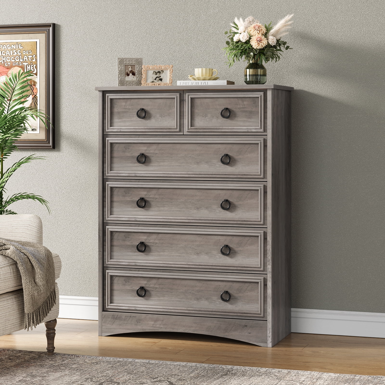 Tall Wooden 6 Drawer Dresser for Bedroom, Storage Cabinet for Living ...