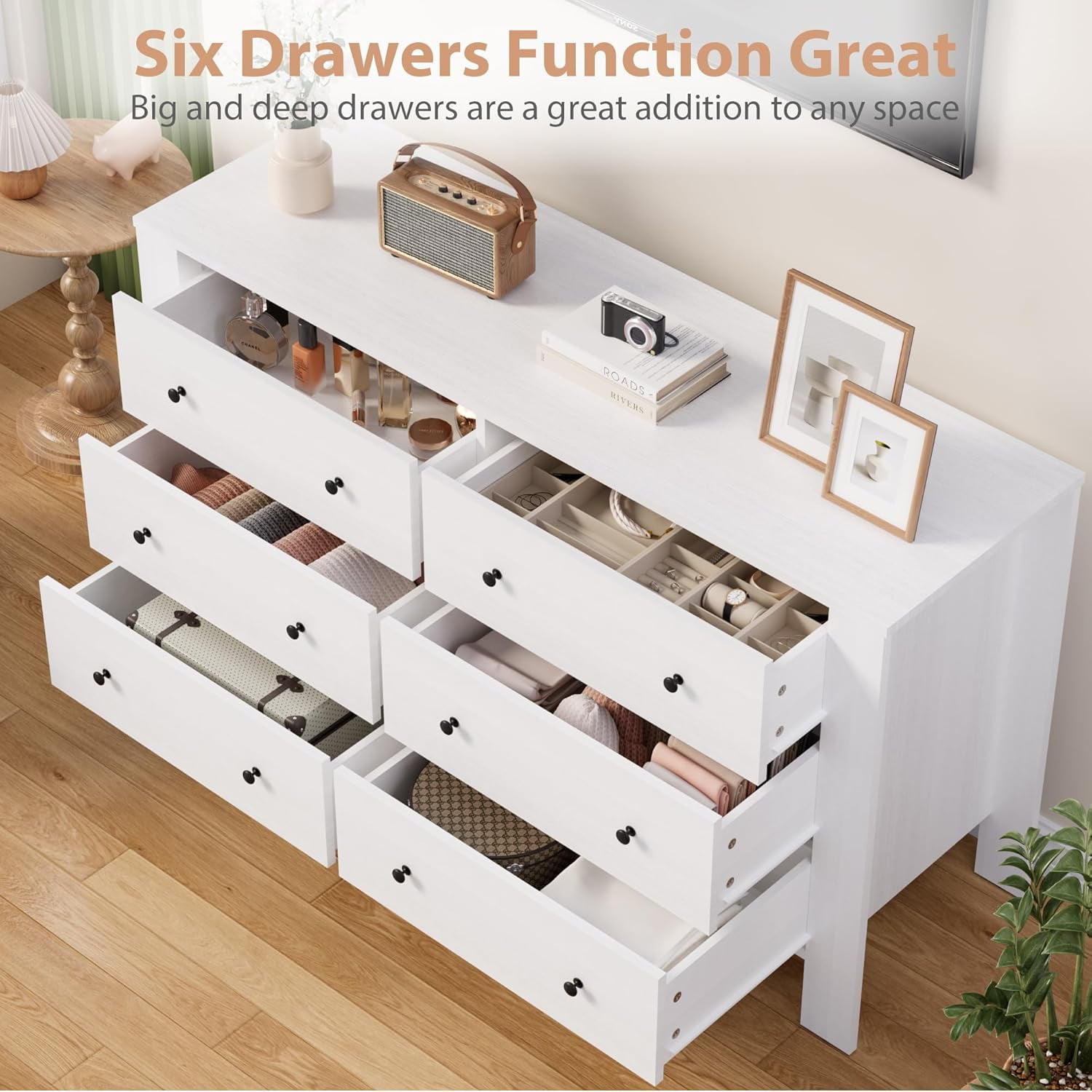 6 Drawer Dresser for Bedroom, Wide White Chest with Deep Drawers and ...