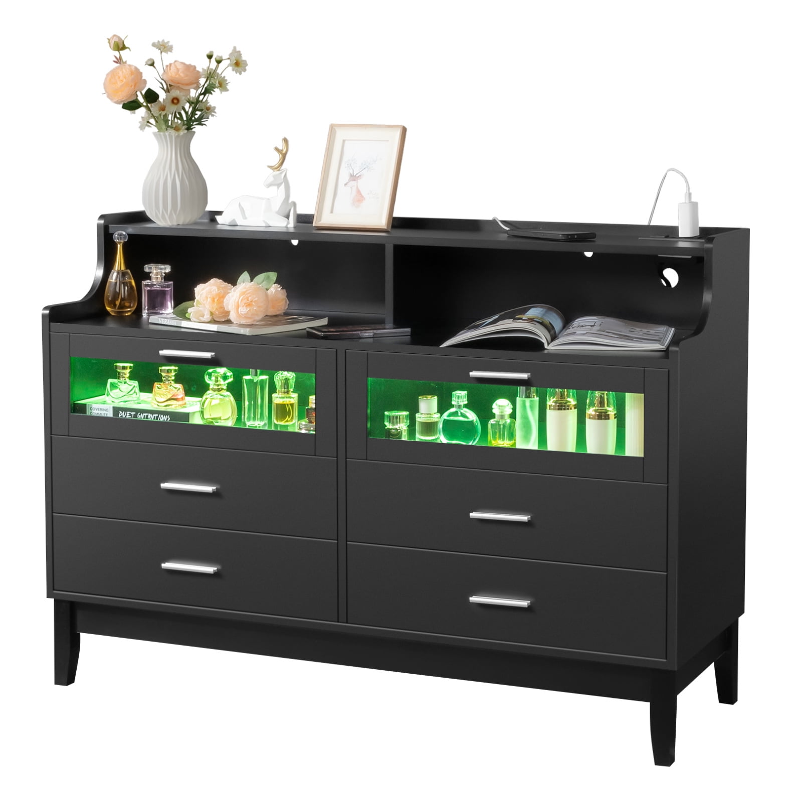 6 Drawer Dresser with Charging Station, 47.24" LED Long Dresser with ...