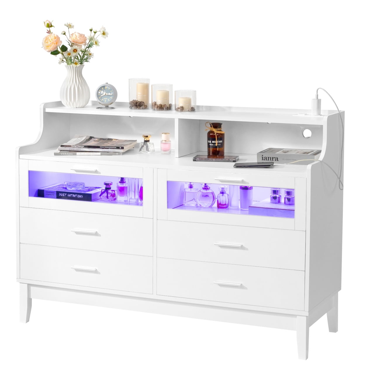 6 Drawer Dresser with Charging Station, 47.24" LED Long Dresser with ...