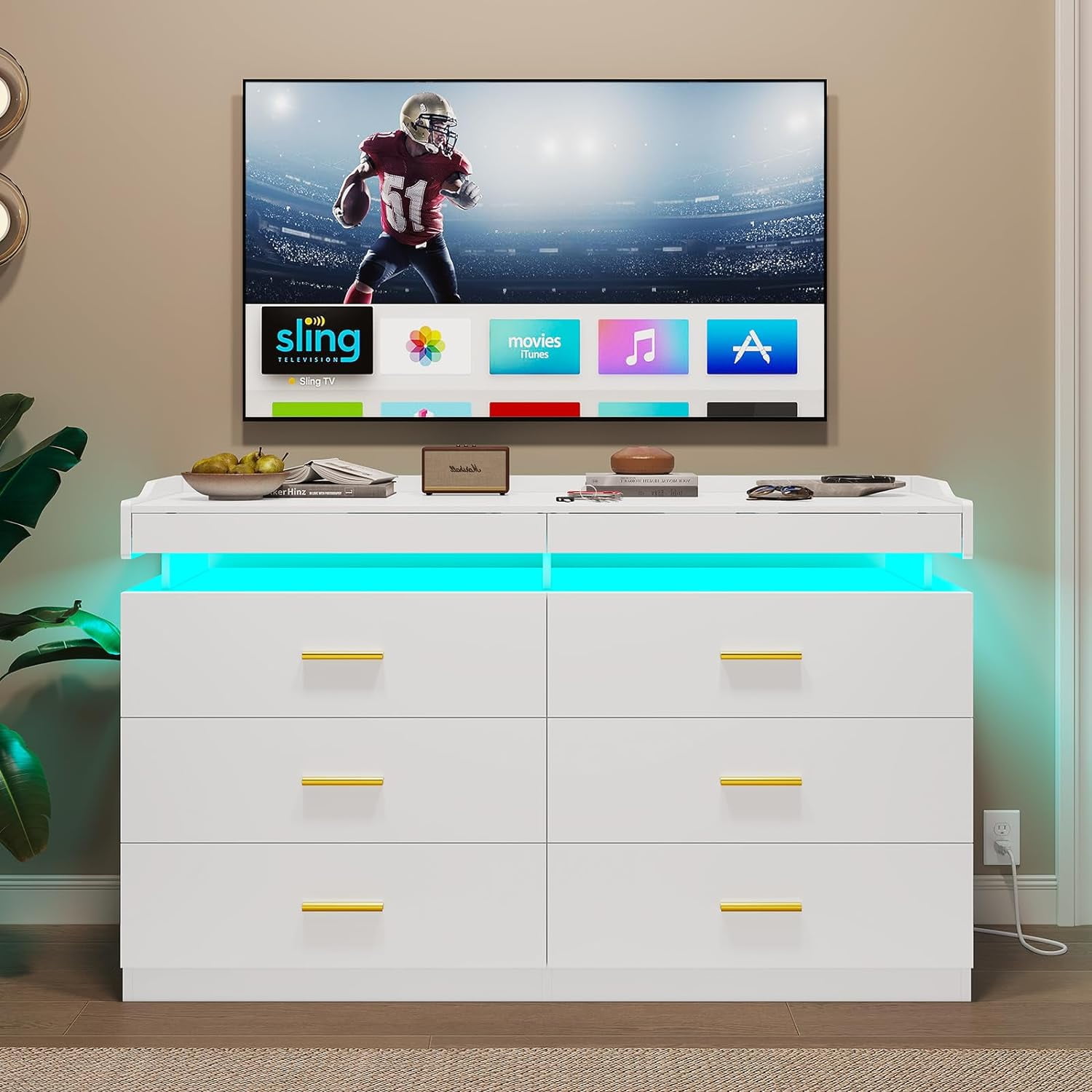 6 Drawer Dresser with LED Light,White Dresser for Bedroom,Wood Chest of ...