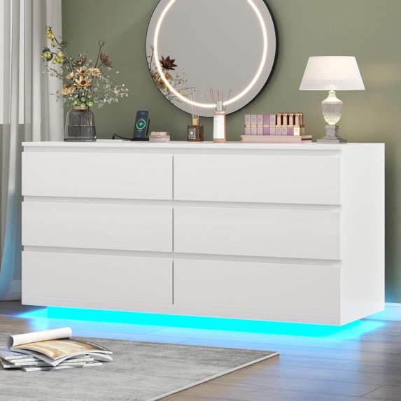 6-Drawer Dresser with Power Outlet, Floating White Chest with LED Light ...