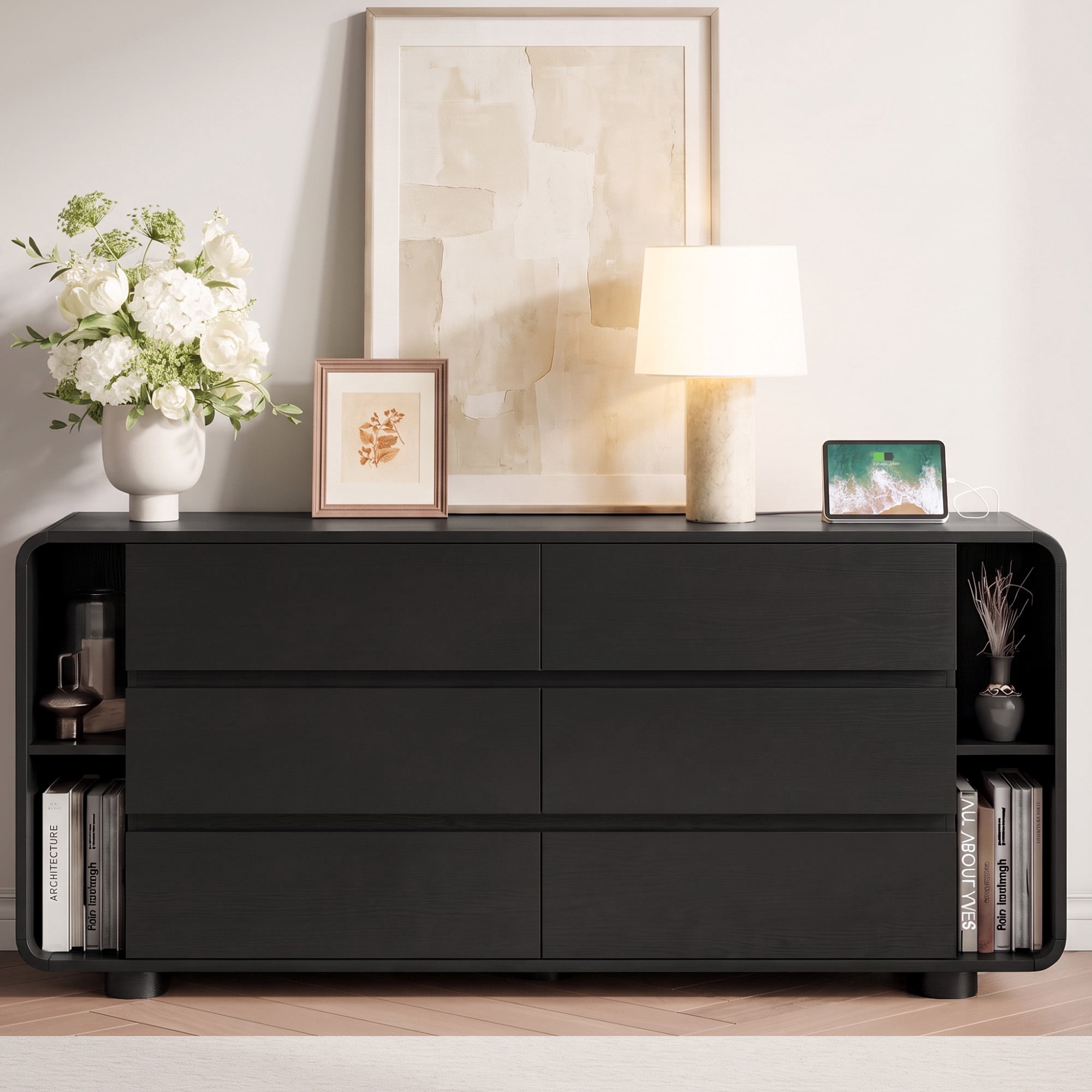 6 Drawer Dresser with Shelves, 63'' Wide Bedroom Chest of Drawers ...