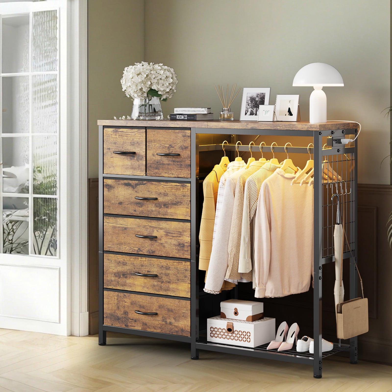 6-Drawer Fabric Dresser with Hanging Rail, LED Lights & Charging ...