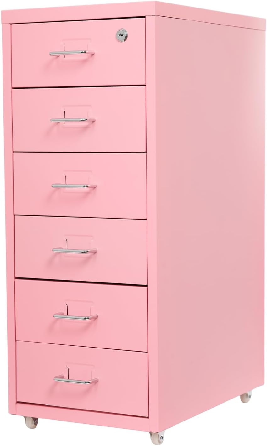6 Drawer File Cabinet with Wheels, Metal Vertical Filing Cabinet Pink ...