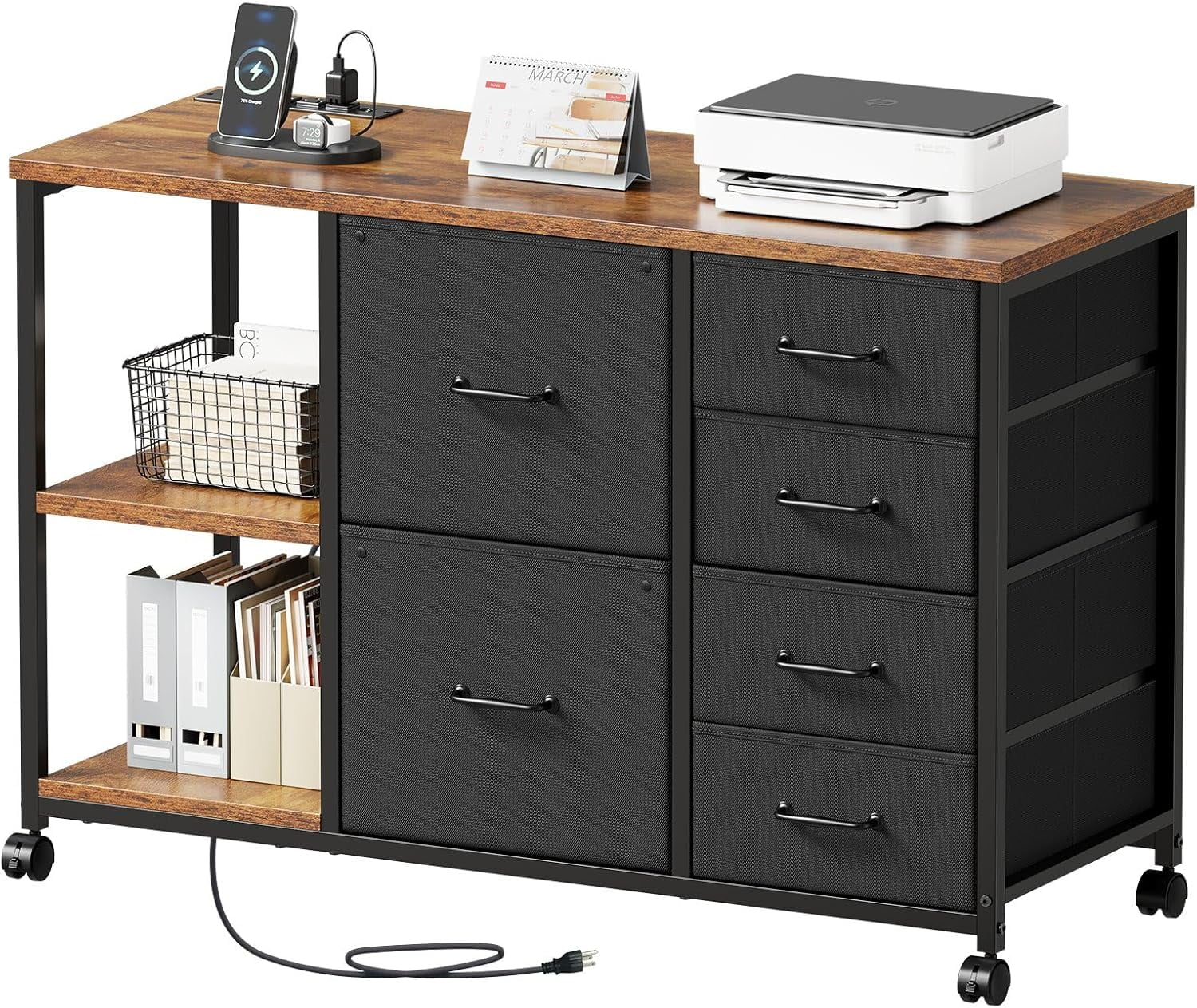 6 Drawer File Cabinet with Charging Station Rolling Printer Stand with ...
