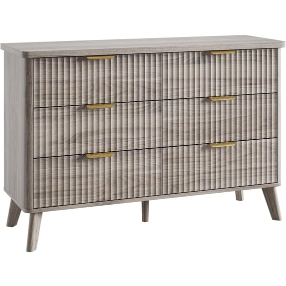 6 Drawer Fluted Dresser with Curved Design and Gold Handles, Modern ...